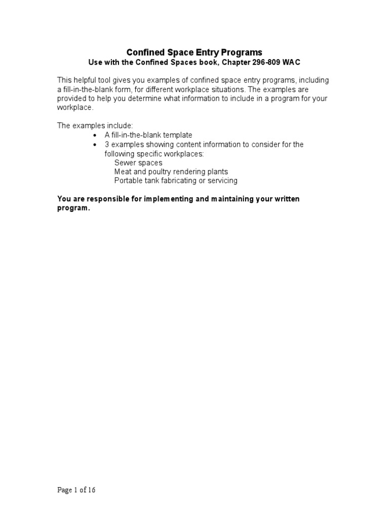 Confined Space Entry Programs: Use With The Confined Spaces Book ...