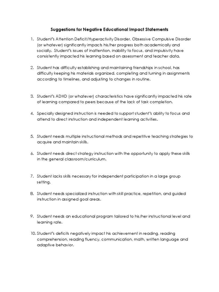 Negative Educational Impact Statements Guide | PDF | Attention Deficit ...