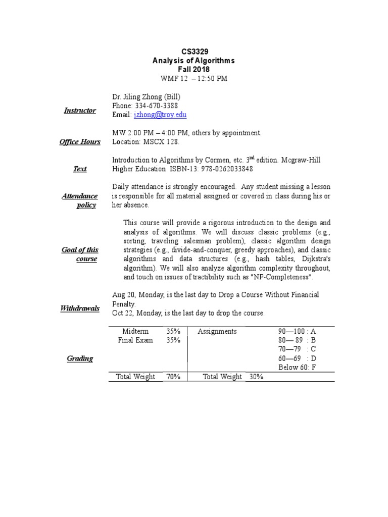 Cs3329 Tsu Analysis Of Algorithms Zhong Pdf Special Education