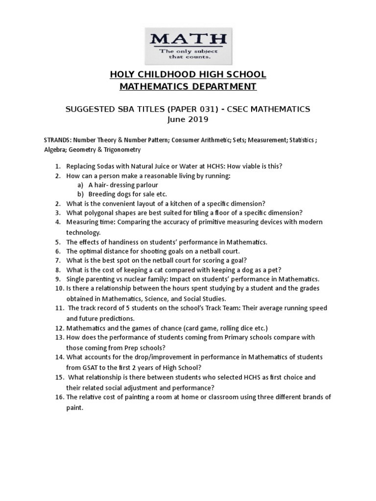 SBA Topics for May 2019 Exam | Physics & Mathematics | Mathematics
