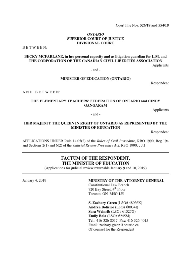 CCLA v. Ontario (2019), Factum of The Province of Ontario, Filed 1/4/19 ...