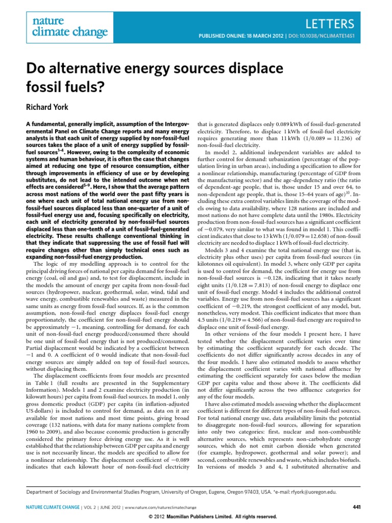 Do Alternative Energy Sources Displace Fossil Fuels? (York 2012) | PDF ...