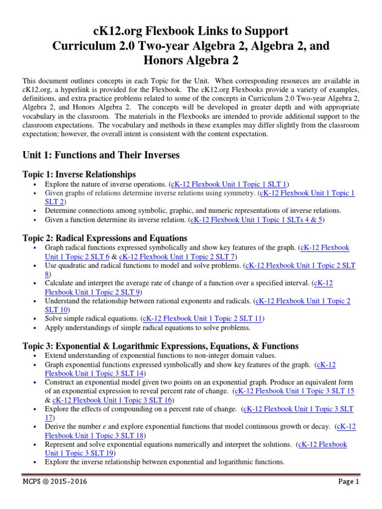 Algebra 2 Unit 1 CK12 Flexbook Links | PDF | Exponential Function ...
