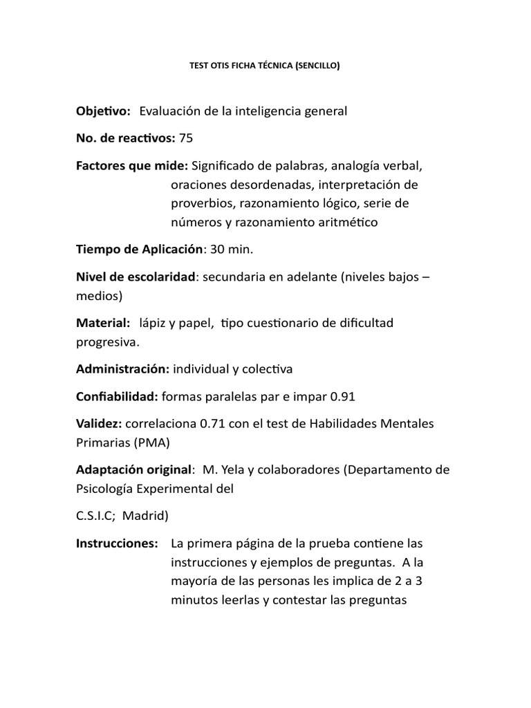 Ficha Técnica del Test Otis Sencillo | PDF | Ciencia y matemáticas