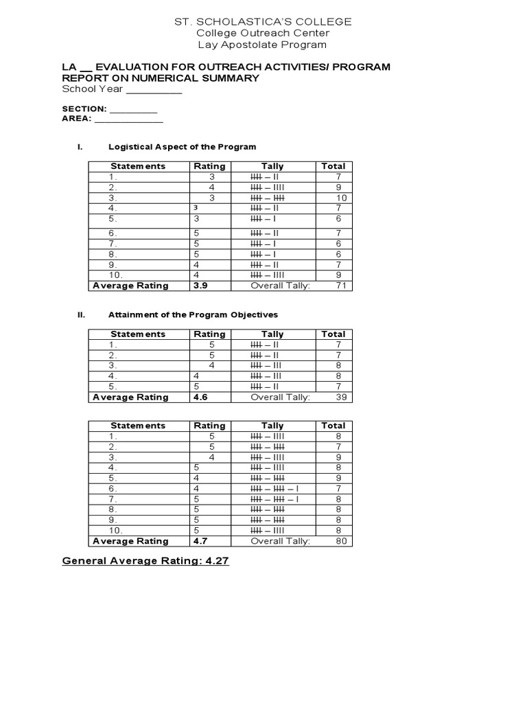 School Year - : La - Evaluation For Outreach Activities/ Program Report On Numerical Summary ...