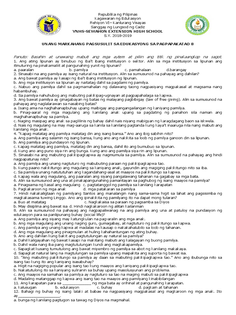 1st Quarter Exam EsP 8 | PDF