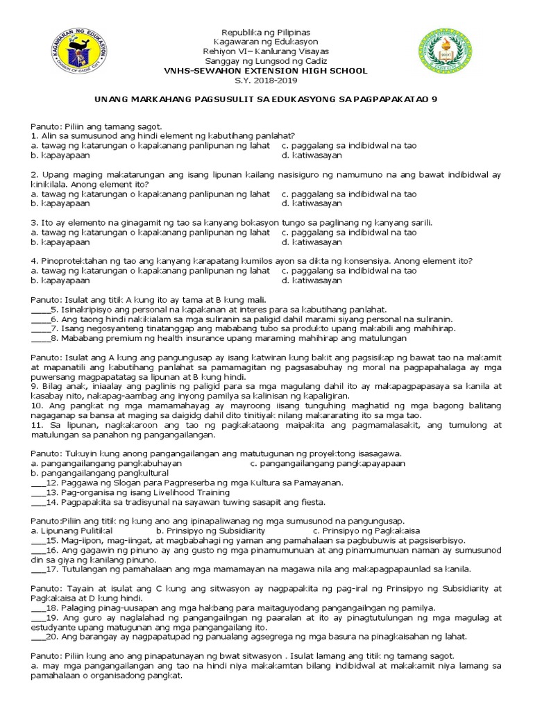 1st Quarter Exam EsP 9 | PDF