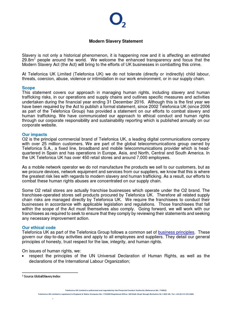 O2 Modern Slavery Statement | PDF | Supply Chain | Human Trafficking