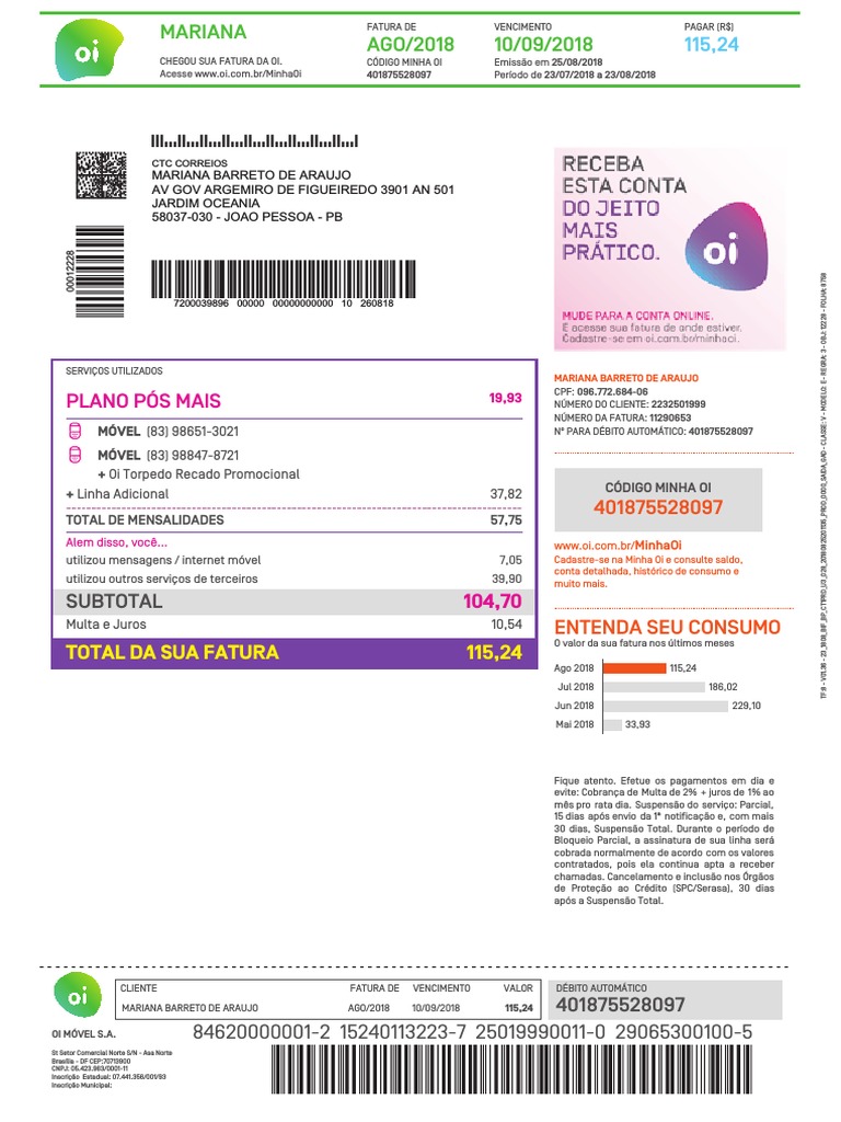 Conta Oi Setembro PDF | PDF | Internet | Brasil