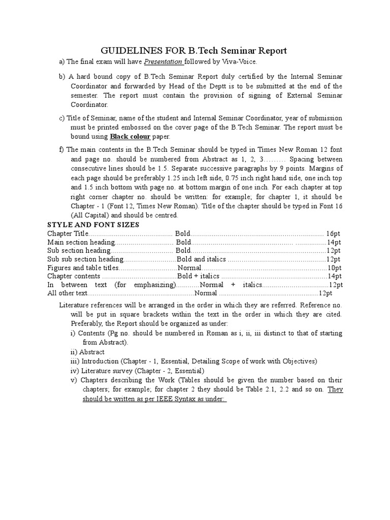 GUIDELINES FOR B.Tech Seminar Report: Style and Font Sizes | PDF ...