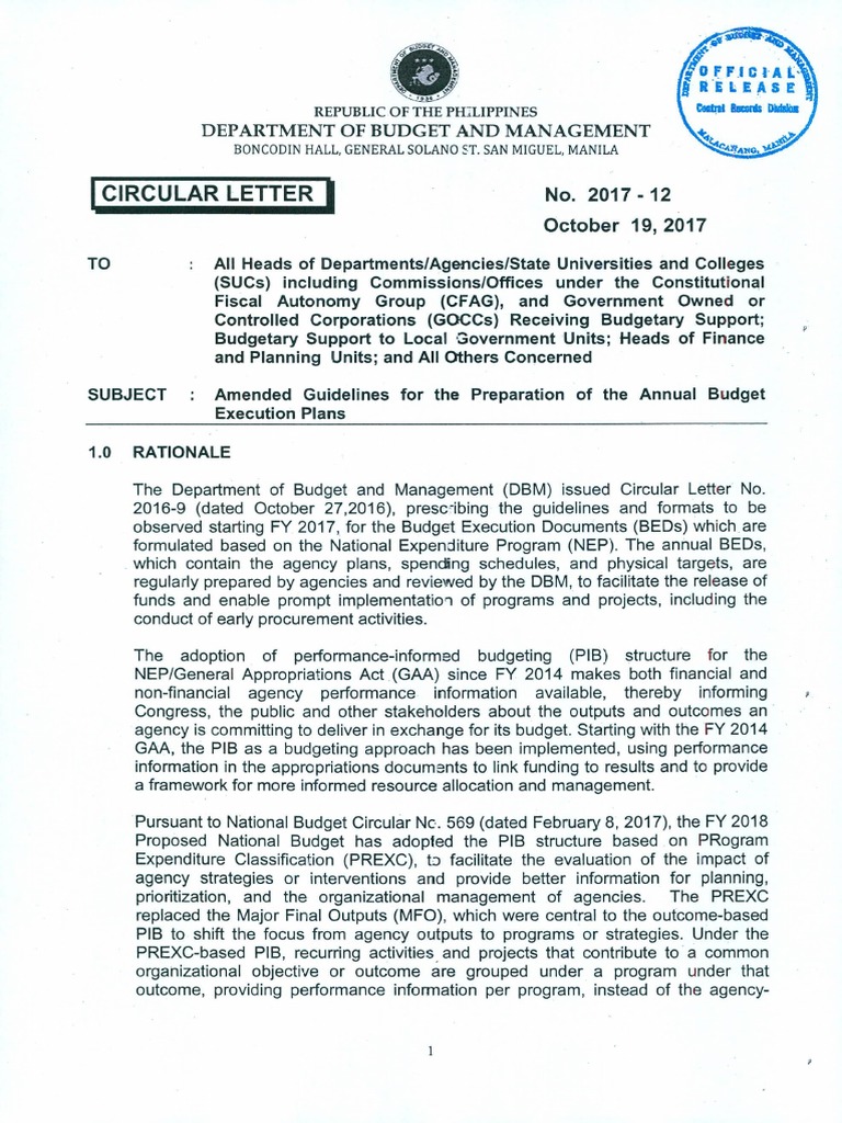 Circular Letter No. 2017 - 12 | PDF | Budget | Government