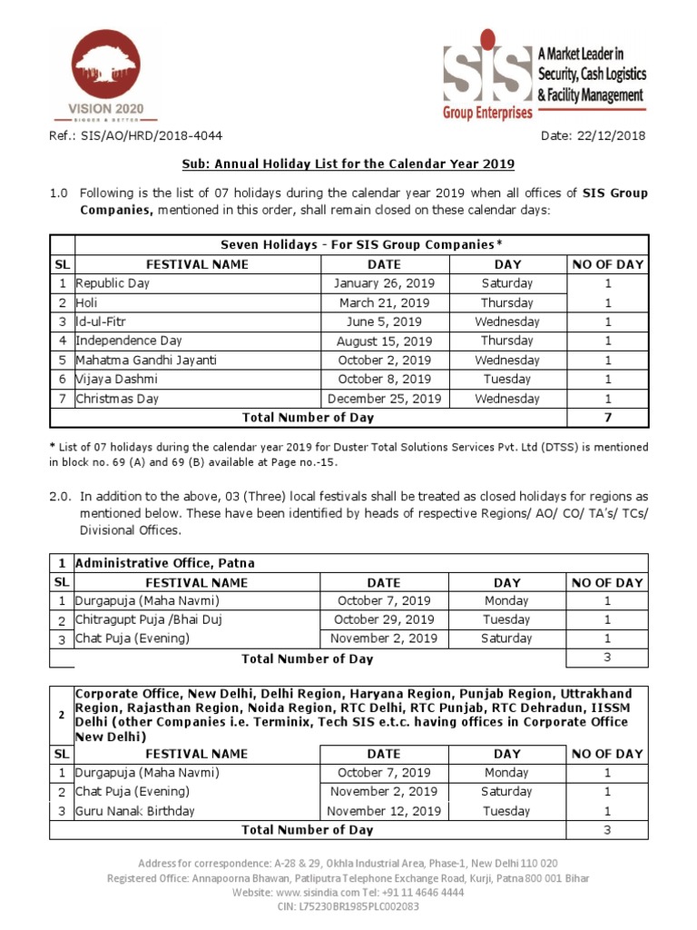 Office Order - Annual Holiday List For The Calendar Year 2019 For SIS ...