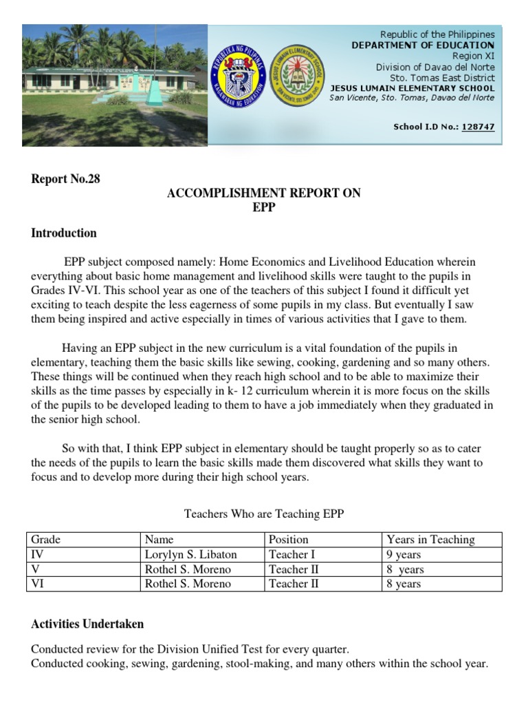 Accomplishment Report Epp | PDF | Teachers | Curriculum