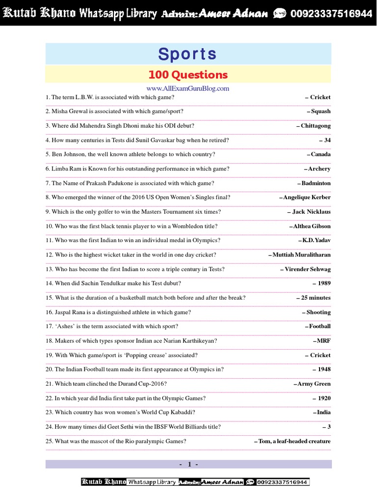 100 Sports Questions | PDF | Cricket | Teams