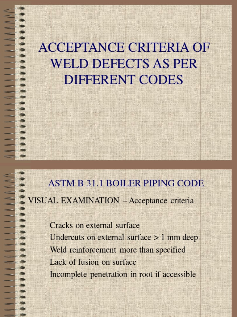 Acceptance Criteria of Weld Defects As Per Different Codes | PDF ...