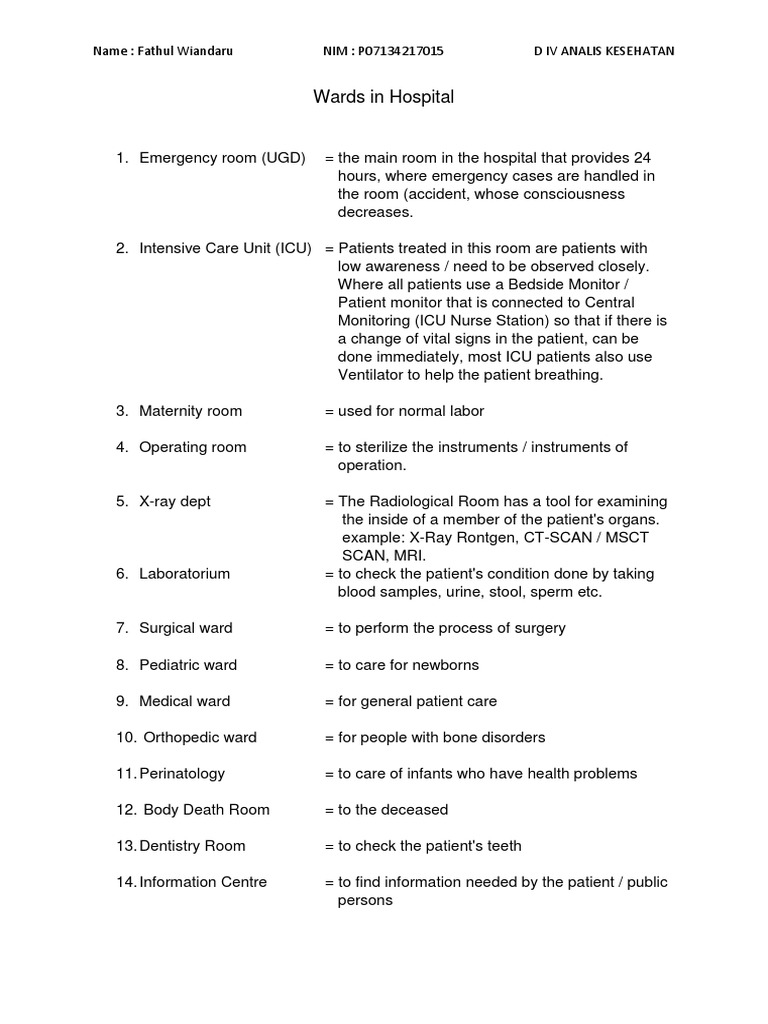 Hospital Ward Functions Explained | PDF | Self-Improvement | Wellness