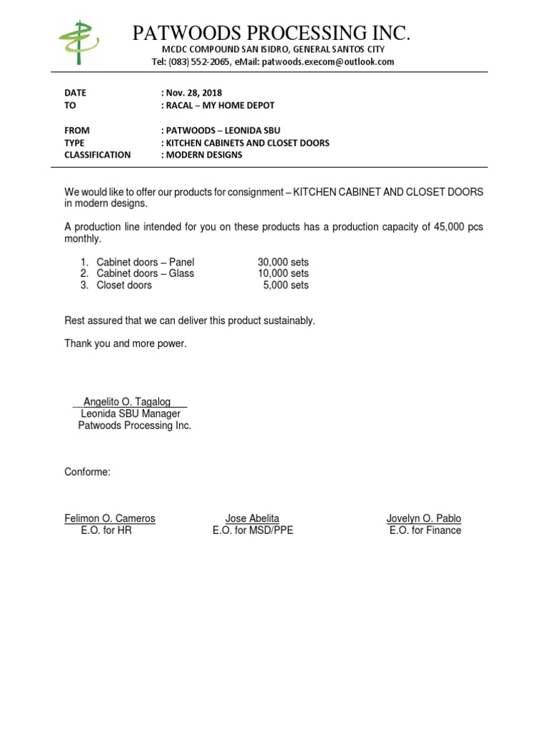 Product Offer Letter SAMPLE | PDF | Plywood | Cabinetry