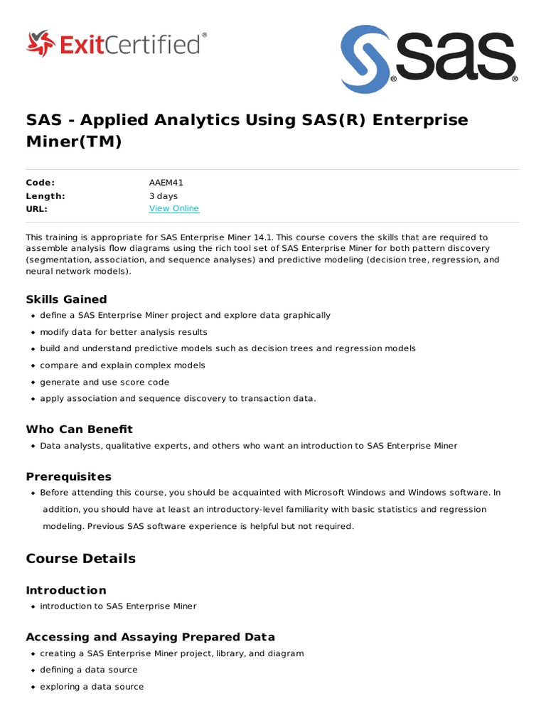 Applied Analytics Using Sasr Enterprise Minertm | PDF | Sas (Software) | Predictive Analytics