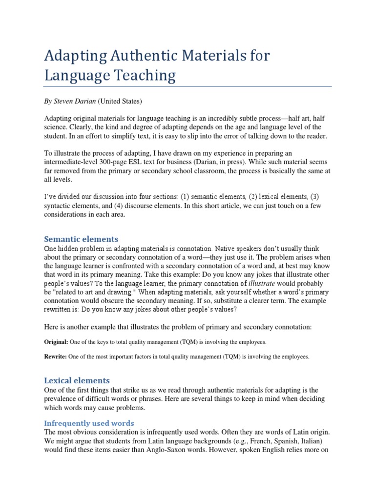 Adapting Authentic Materials in ESL Teaching | PDF | Idiom | Word