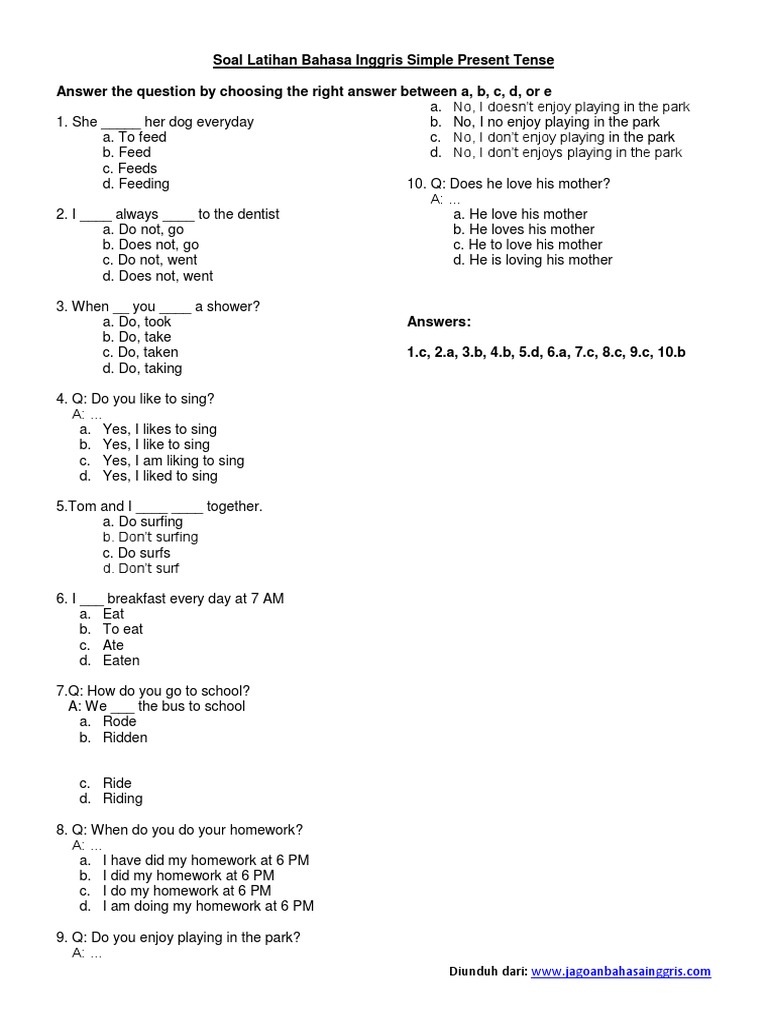 Soal Latihan Bahasa Inggris Simple Present Tense Pdf