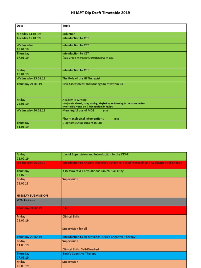 HI IAPT Dip Draft Timetable 2019: Date Topic | PDF | Cognitive ...