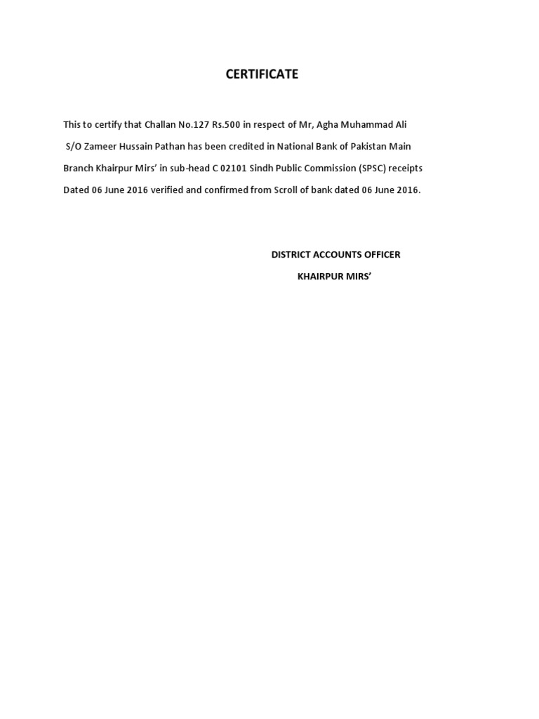 SPSC Challan Certificate | PDF