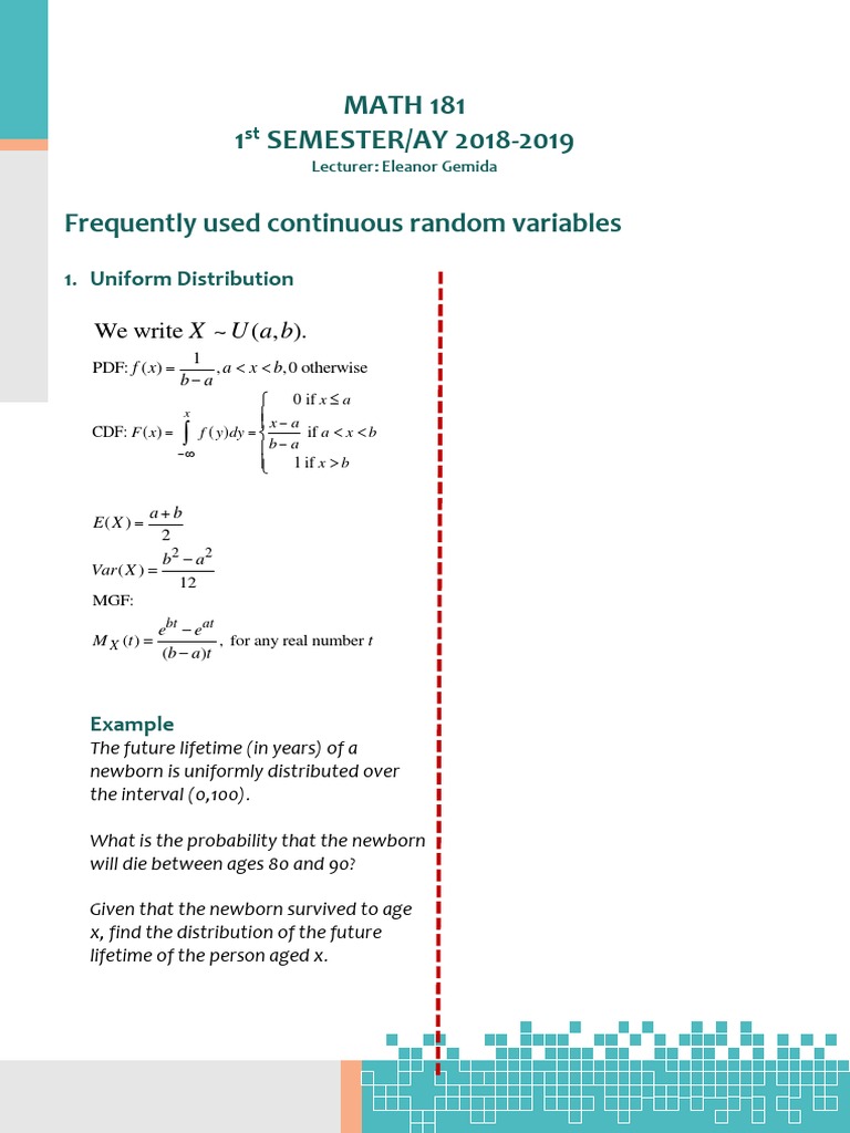 MATH 181 1 SEMESTER/AY 2018-2019: Frequently Used Continuous Random ...