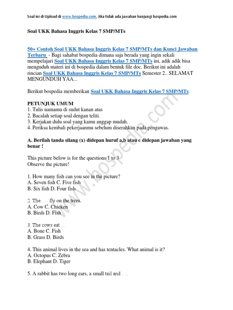 50+ Contoh Soal UKK Bahasa Inggris Kelas 7 SMP MTs Dan Kunci Jawaban | PDF | Language Arts ...