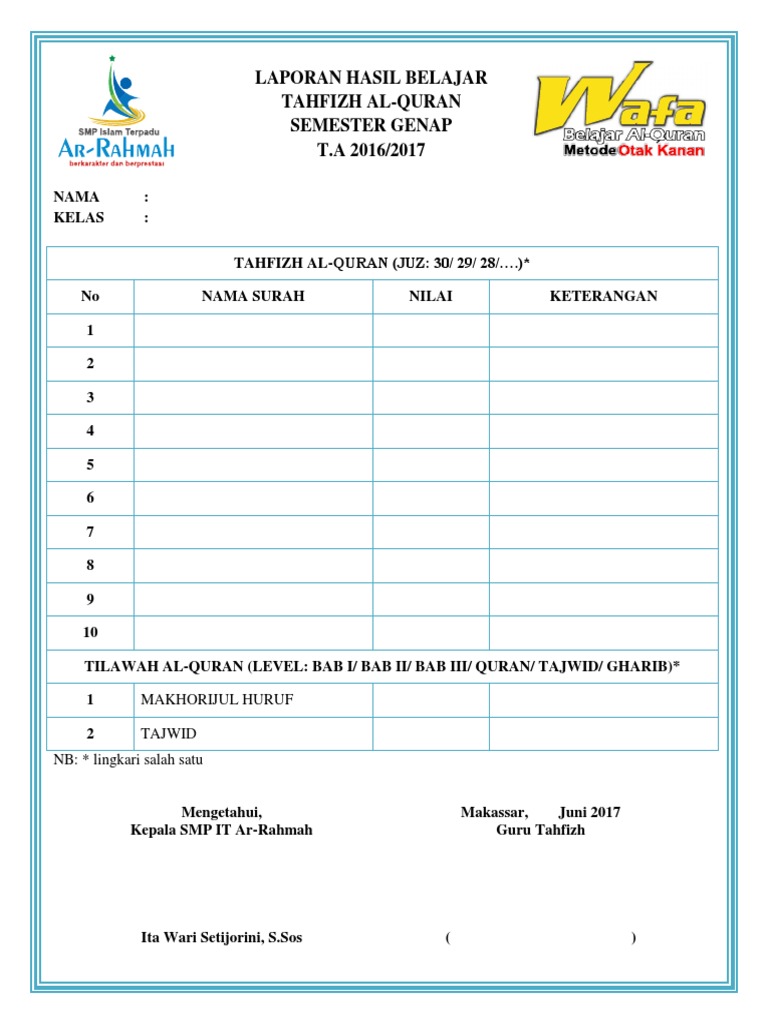 Rapor Tahfizh | PDF