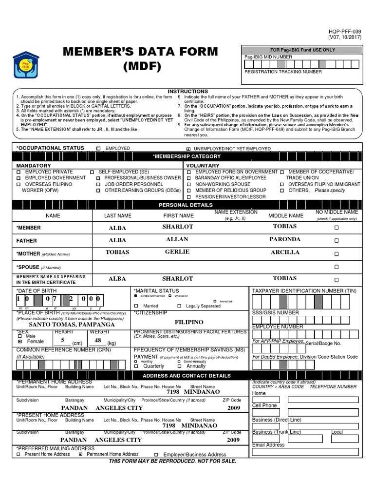 Member'S Data Form (MDF) : Instructions | Download Free PDF | Address ...