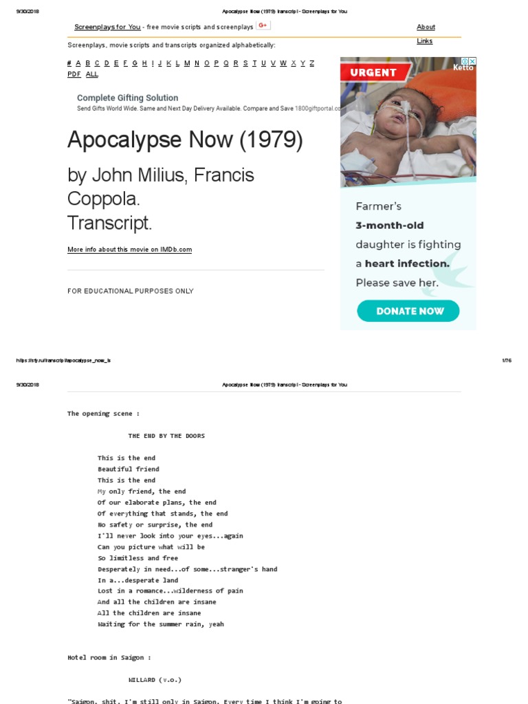 Apocalypse Now (1979) Transcript - Screenplays For You | Download Free ...