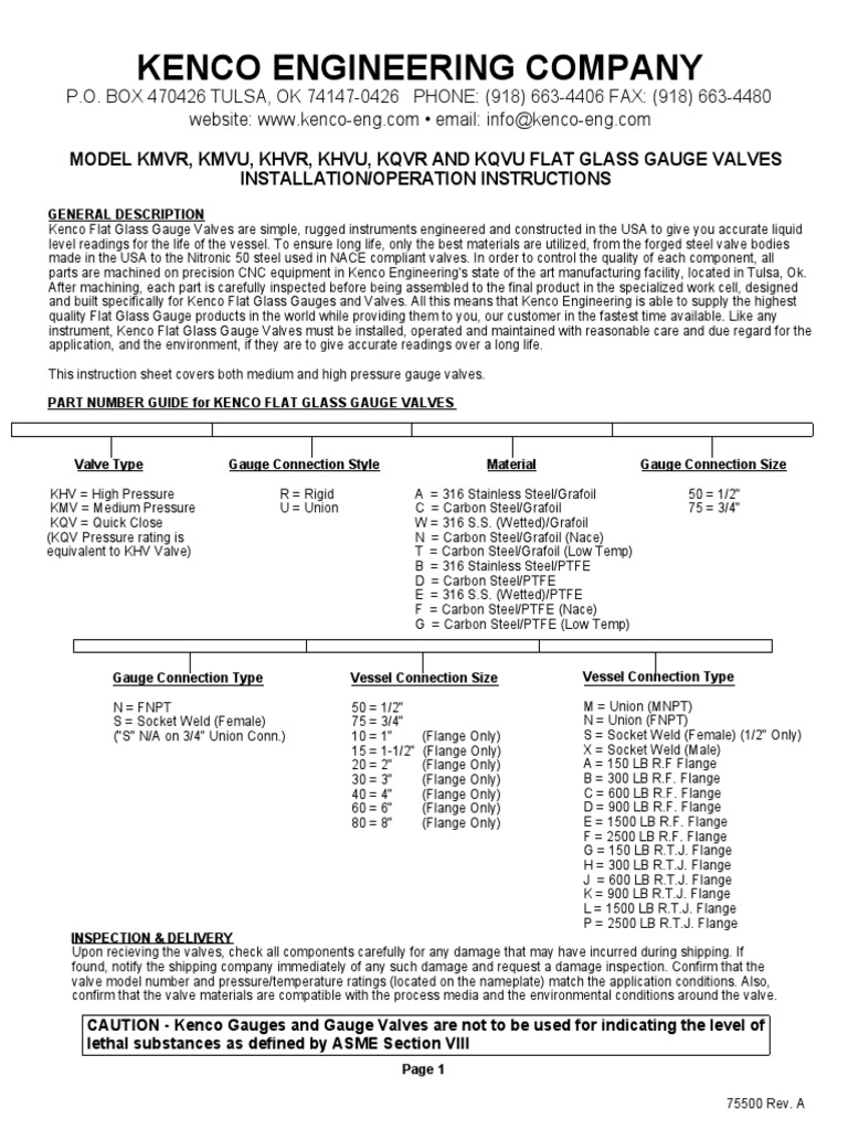 Kenco Flat Glass Gauge Valve Manual | PDF | Sheet Metal | Valve