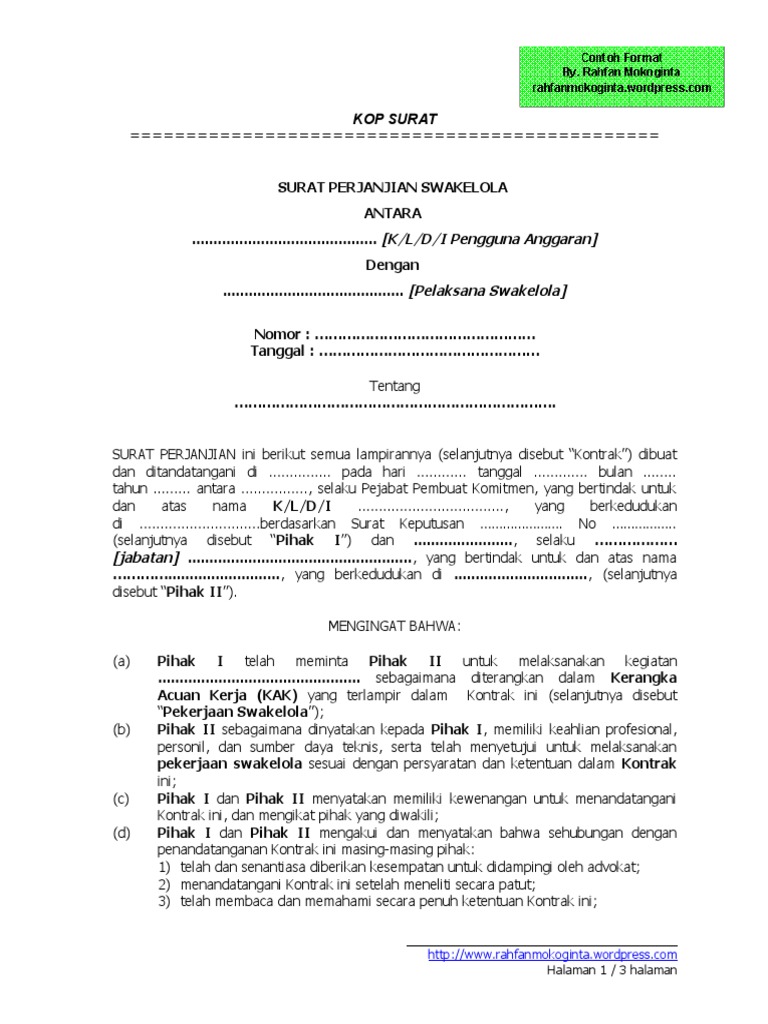 Contoh Surat Perjanjian Swakelola | PDF