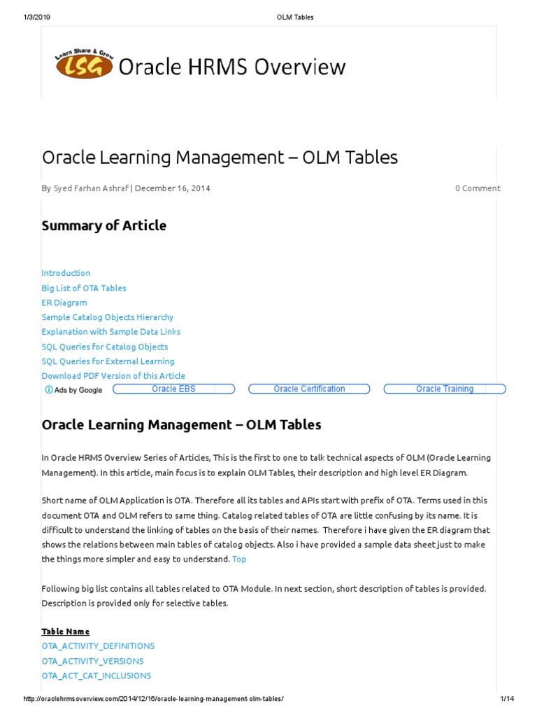 OLM Tables | PDF | Metadata | Learning