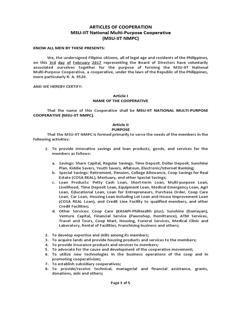 Articles of Cooperation | PDF | Cooperative | Welfare