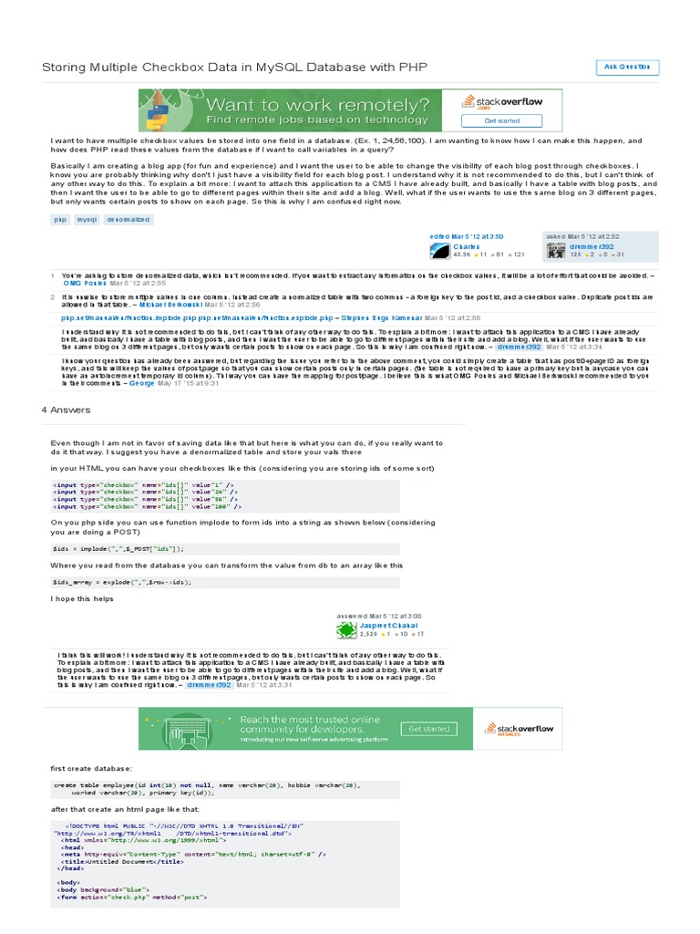 Storing Multiple Checkbox Data in Mysql Database With PHP: 4 Answers | Download Free PDF ...
