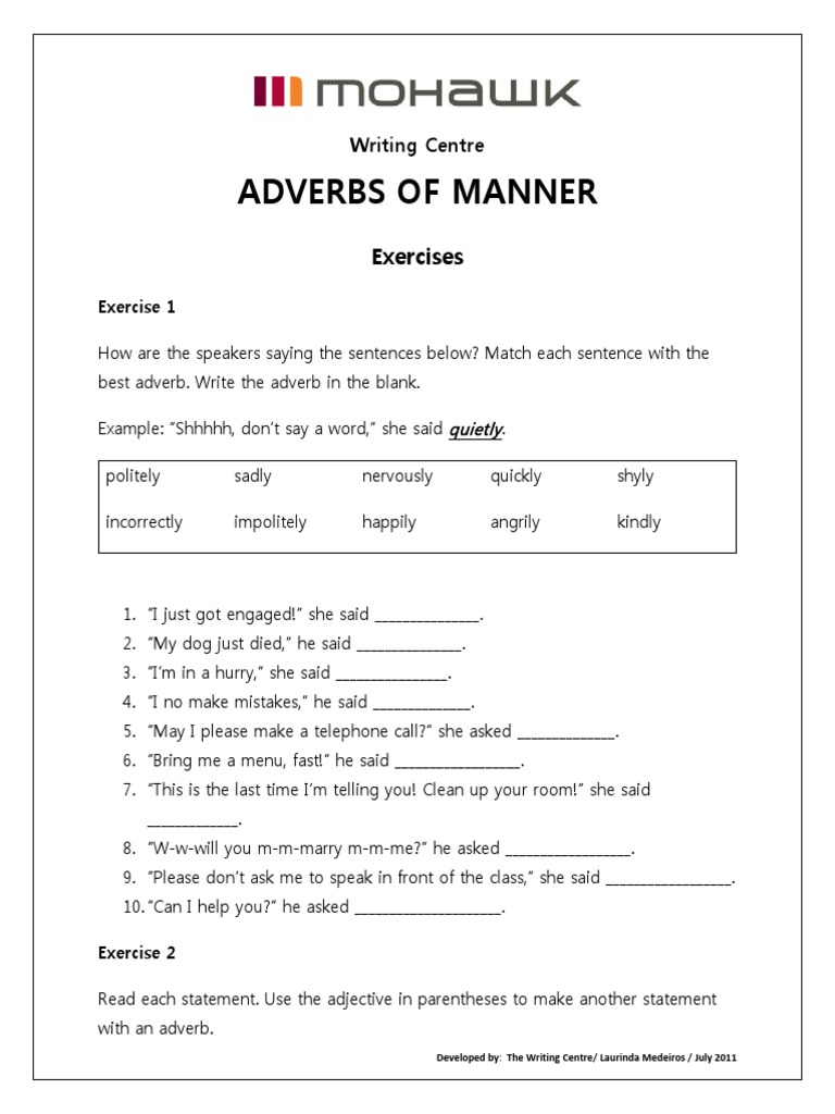 Adverbs of Manner Exercises Worksheet | PDF | Adverb | Human Communication