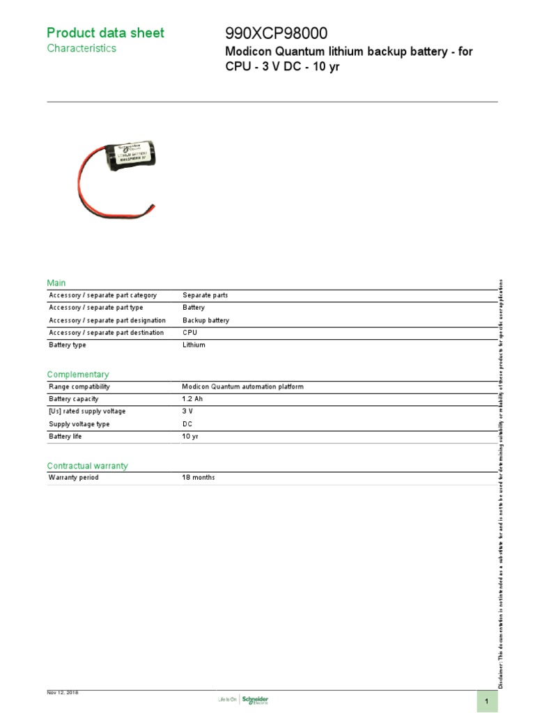 Product Data Sheet: Modicon Quantum Lithium Backup Battery - For CPU ...