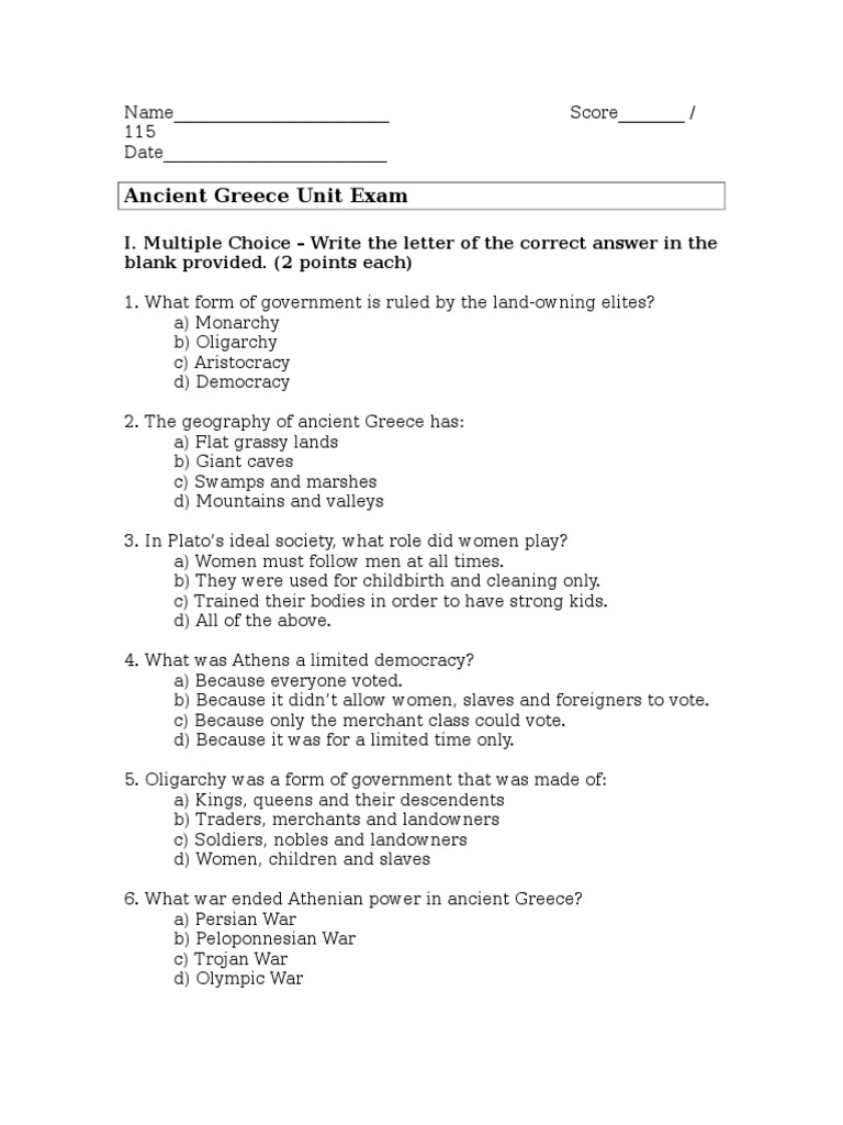 Greece Unit Exam | PDF | Ancient Greece | Plato