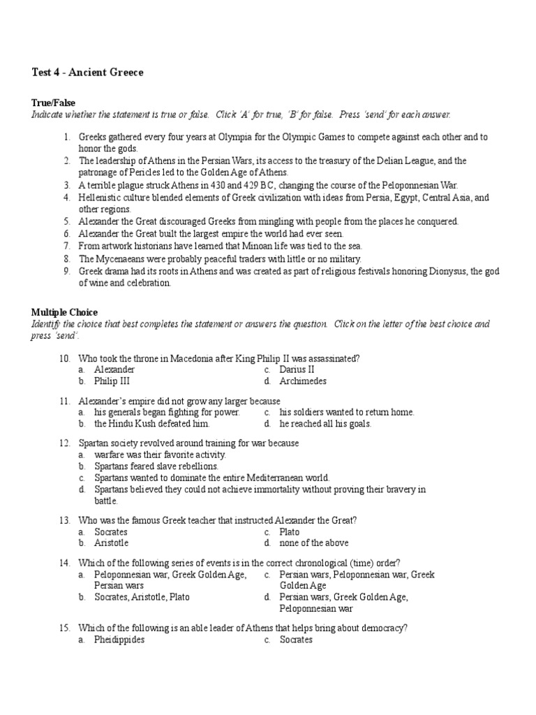 Ancient Greece Test: True/False & MCQs | PDF | Peloponnesian War ...