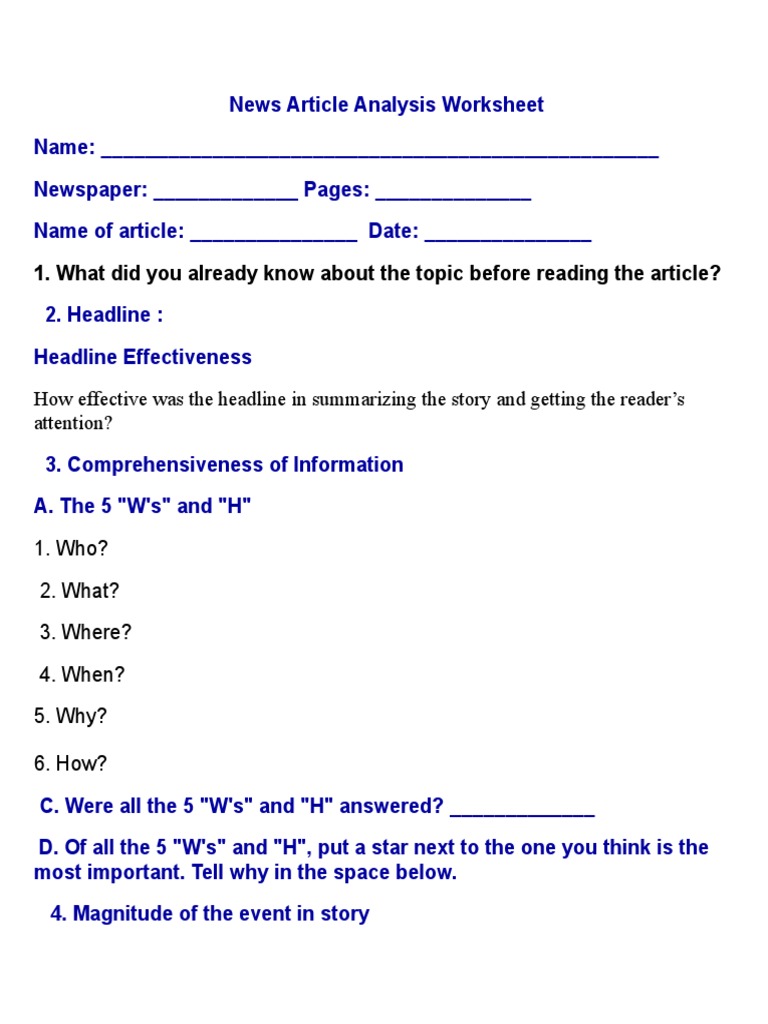 News Article Analysis Worksheet | Download Free PDF | News | Cognitive ...