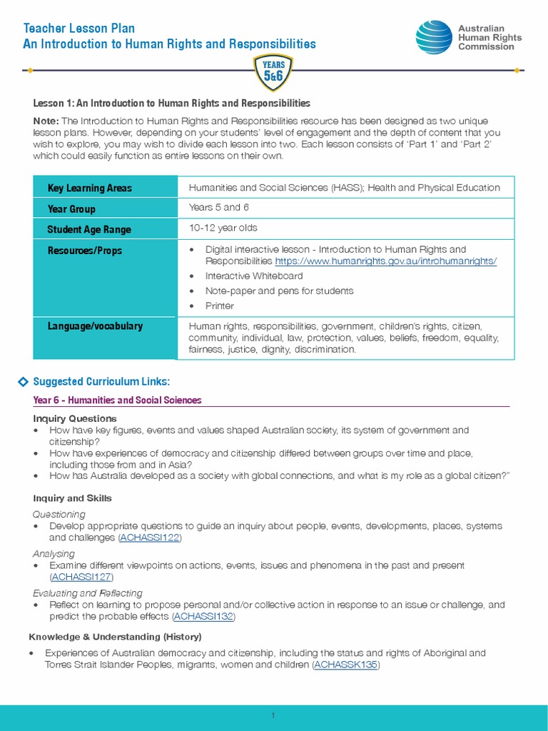 Teacher Lesson Plan An Introduction To Human Rights and ...