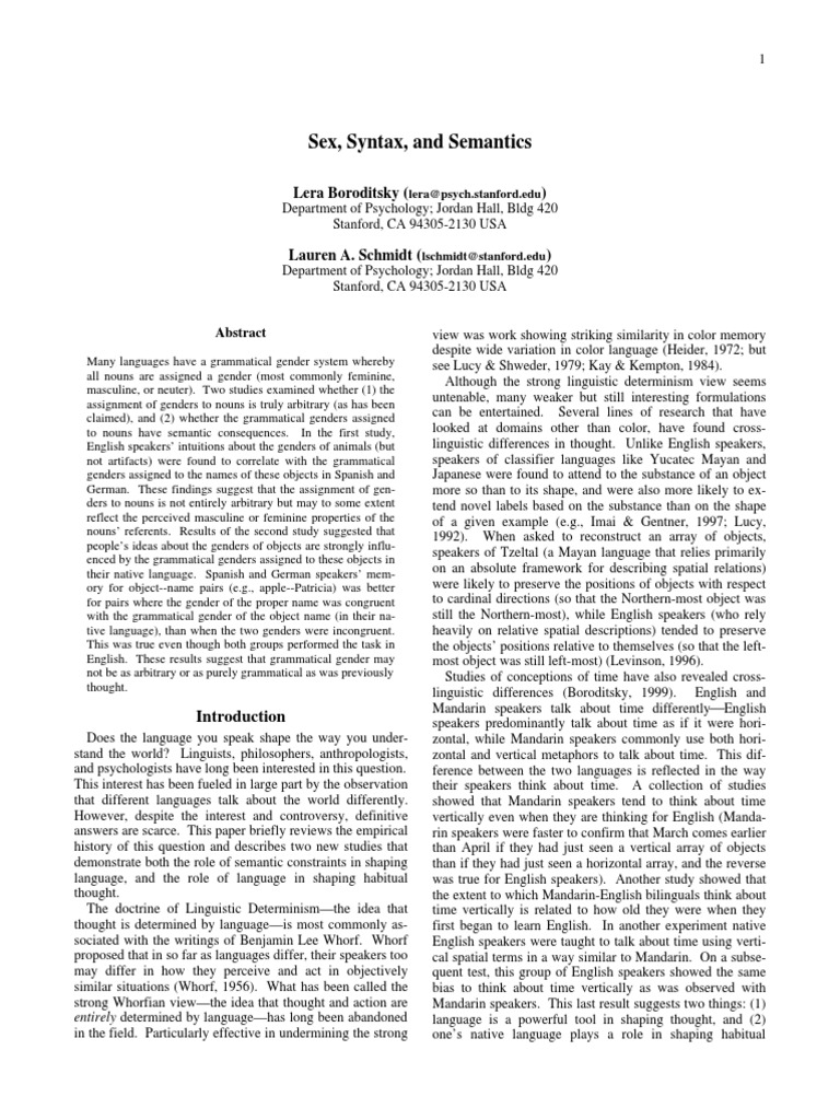Boroditsky Sex Syntax And Semantics Download Free Pdf Grammatical Gender Noun