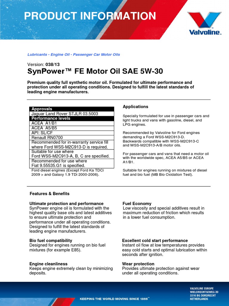 Valvoline SynPower FE 5W 30 038 13 | PDF | Motor Oil | Mechanical ...