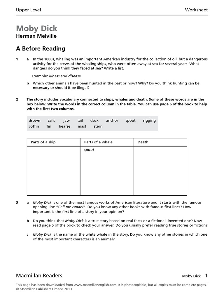 Moby Dick Worksheet | PDF | Moby Dick | Captain Ahab