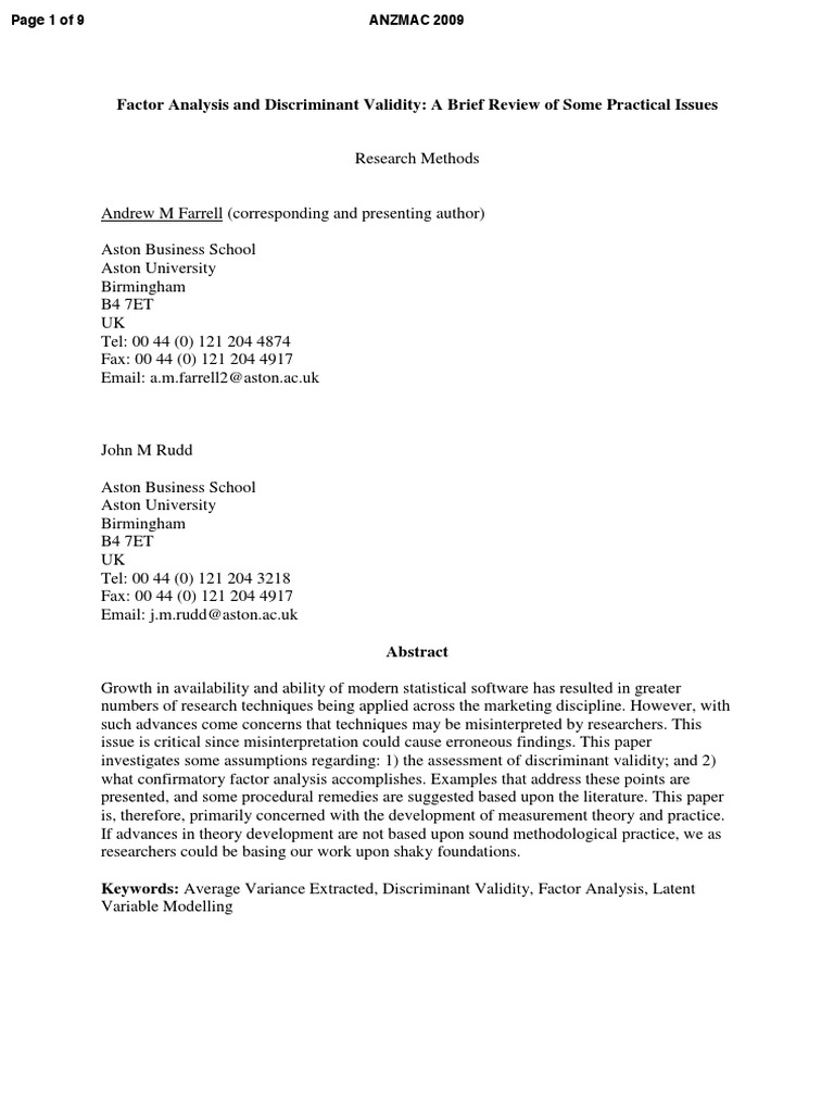 Factor Analysis and Discriminant Validity: A Brief Review of Some Practical Issues | PDF ...