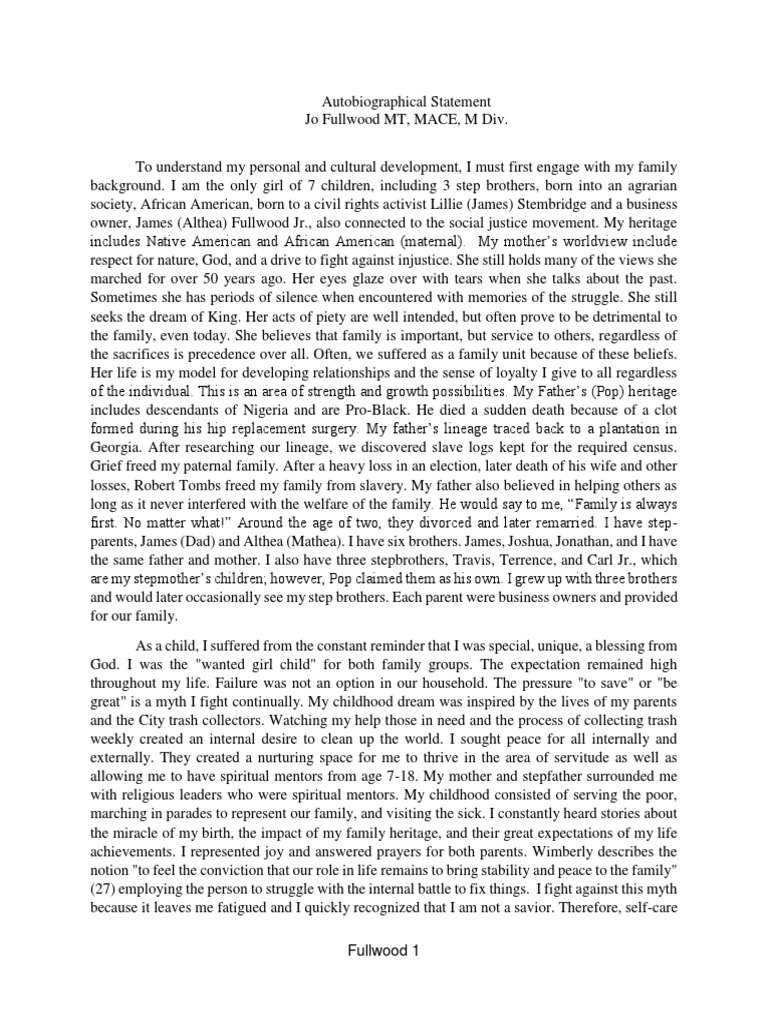 Jo Fullwood Autobiographical Statement | PDF | Chaplain | Family