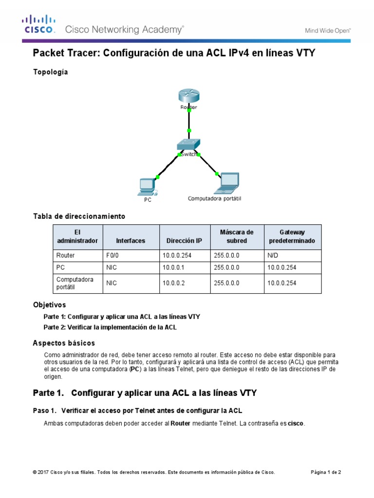 7.2.3.3 Packet Tracer - Configuring An IPv4 ACL On VTY Lines Instructions PDF | PDF | Enrutador ...