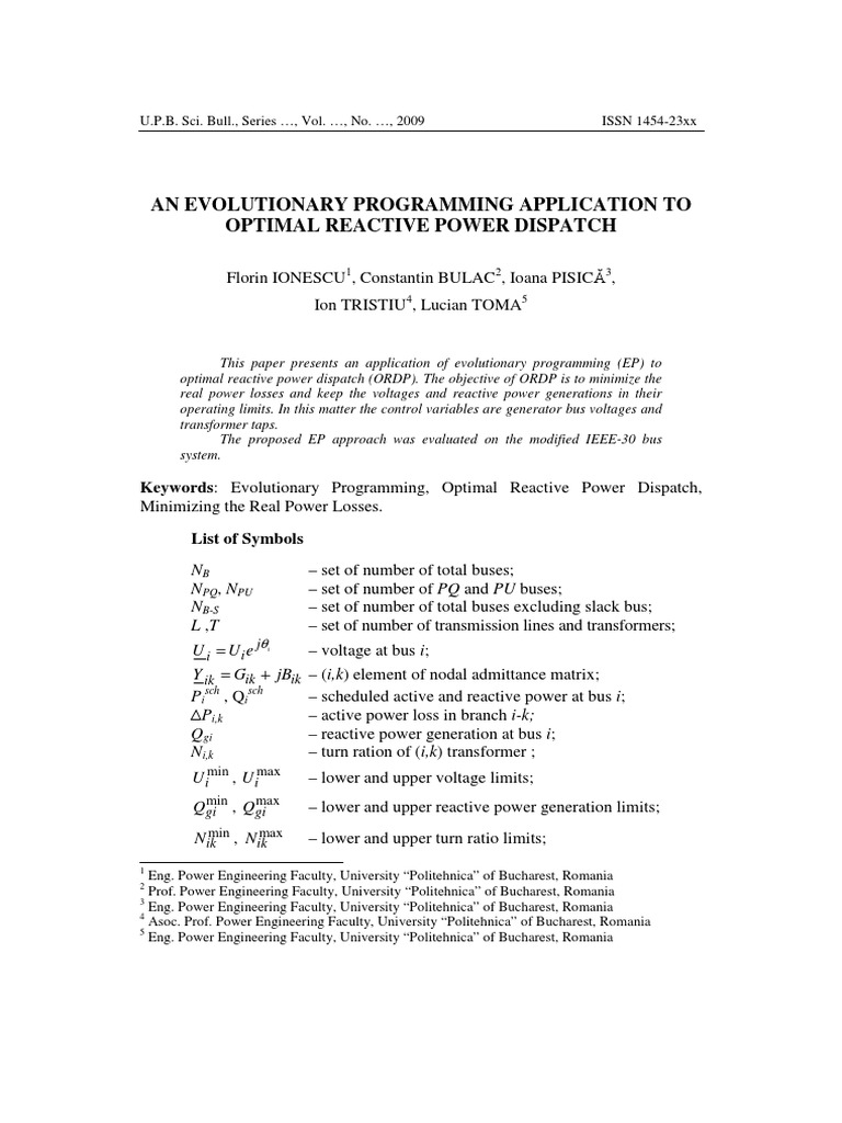 An Evolutionary Programming Application To Optimal Reactive Power Dispatch | PDF | Mathematical ...