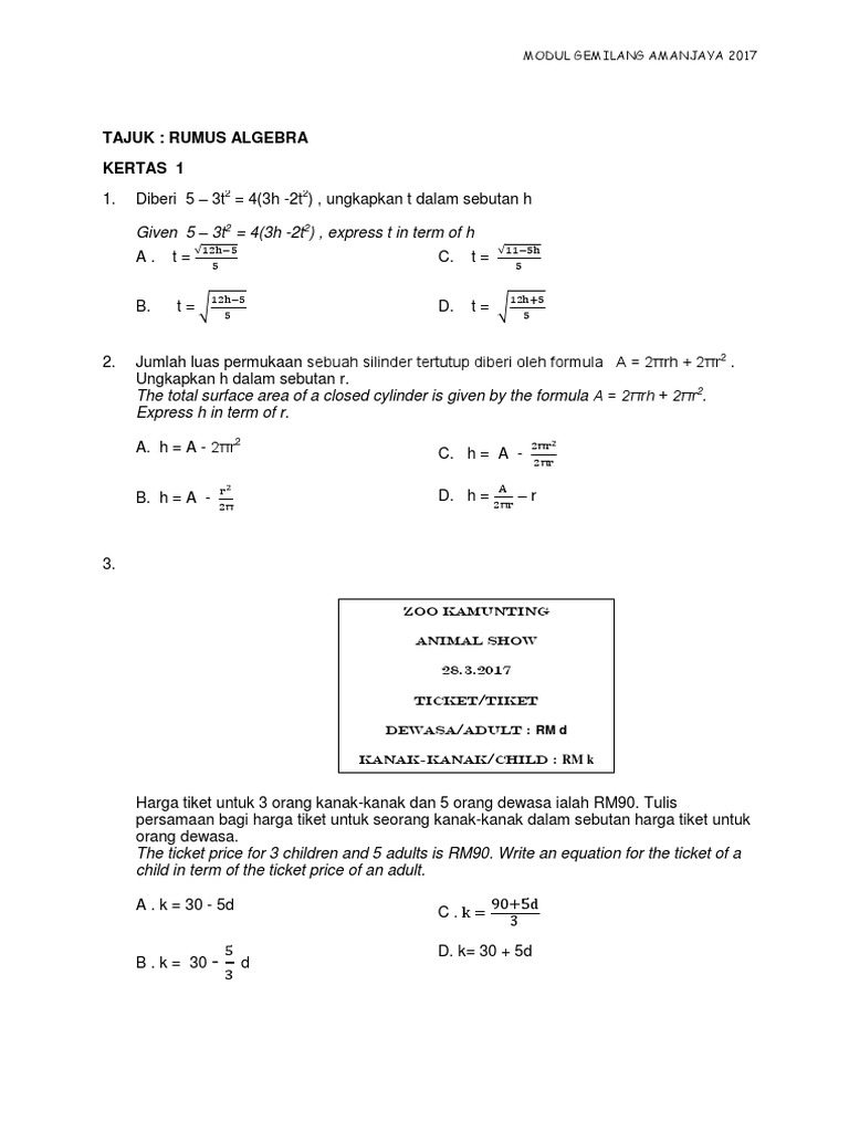 K1 - Rumus Algebra PDF | PDF